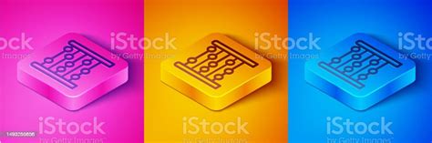 등각 투영 라인 주판 아이콘은 분홍색과 주황색 파란색 배경에 분리되어 있습니다 전통적인 카운팅 프레임 교육 기호입니다 수학 학교