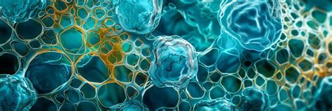 Abstract Microscopic View Of Blue And Gold Cellular Structures Premium Ai Generated Image