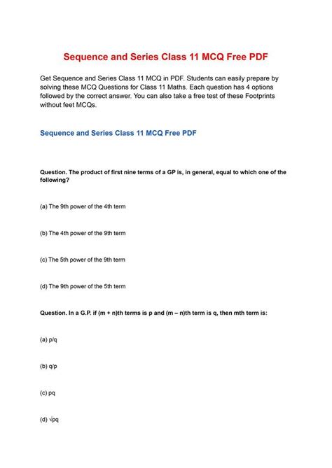 Sequence And Series Class MCQ Free PDF