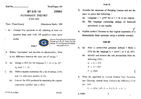 Btech Cse 5 Sem Automata Theory 35003 Dec 2018 Btech Powered By