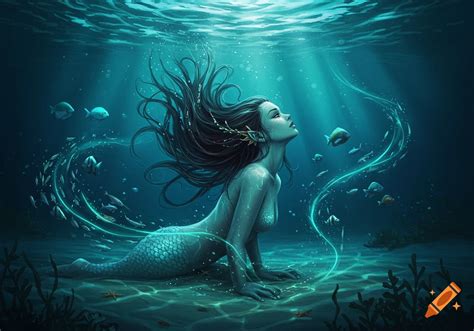A Beautiful Dark Haired Siren With A Scaled Tail Rests On The Seabed
