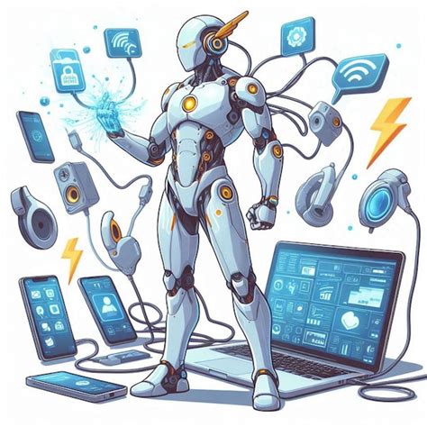 Un Dibujo De Un Robot Con Una Computadora Y Un Montón De Computadoras Y