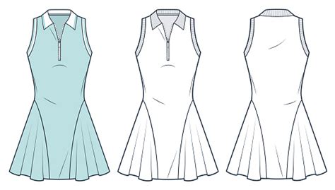 플레어 드레스 테크니컬 패션 일러스트레이션입니다 폴로 드레스 패션 플랫 기술 도면 템플릿 민소매 하프 지퍼 미니 길이 전면 및 후면도 화이트 민트 색상 여성 저지 드레스