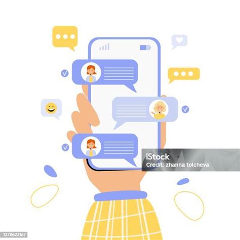 채팅 메시지 및 사람 아바타 입력 좋아요 이모티콘 아이콘과 휴대 전화를 들고 손 통신 개념 웹 사이트 응용 프로그램 배너를 위한 플랫 스타일 벡터 일러스트레이션 Brand