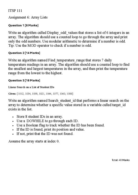 Itsp 111 Assignment 6 Algorithms For Array Lists And Searches Studocu