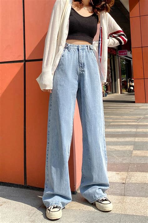 [women] High Waist Wide Leg Denim Jeans Pants Outfit Looks Wide Leg