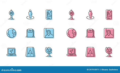 Set Line Laptop With Location Marker City Map Navigation Speed Limit Traffic Earth Globe