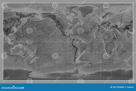 World Map Grayscale Compact Miller Projection Meridian 90 W Stock Illustration