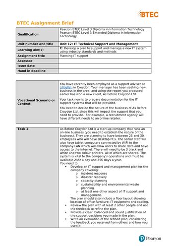 Level 3 Btec It Unit 12 It Technical Support Learning Aim Bandc Teaching Resources