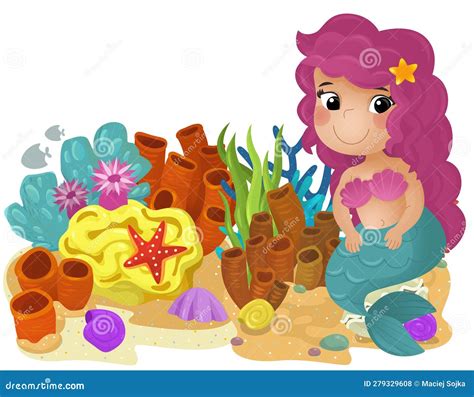 Cartoon Scene With Coral Reef With Swimming Happy Mermaid Girl Isolated