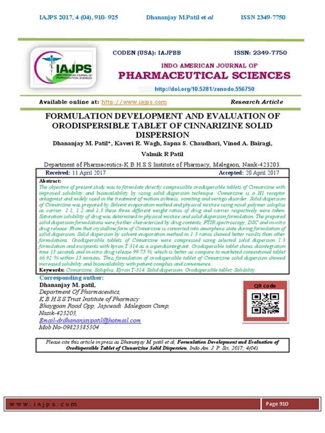 Formulation Development And Evaluation Of Orodispersible Tablet Of Cinnarizine Solid Dispersion