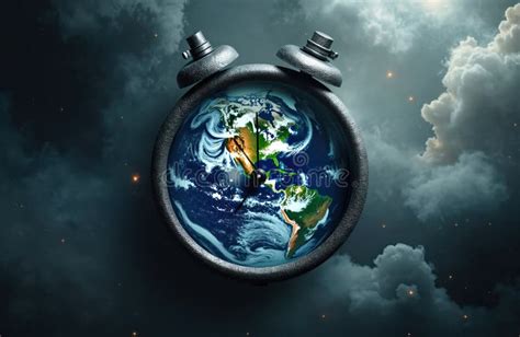 Alarm Clock With Planet Earth Inside Surrounded By Dramatic Clouds Symbolizing Urgency Of