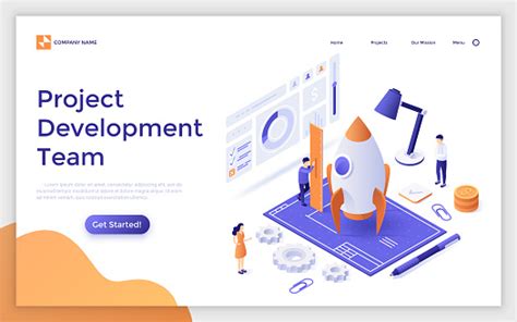 발사를 위해 우주선을 준비하는 사람들의 그룹과 함께 랜딩 페이지 템플릿 청사진 스타트업 프로젝트 개발 팀의 개념 팀워크 웹 사이트에 대 한 현대 Isometric 벡터 그림