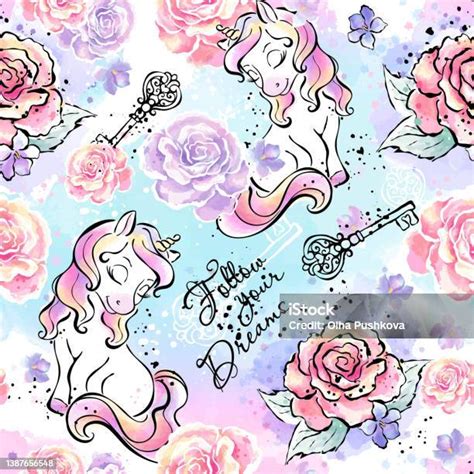 유니콘 장미와 바이올렛 유행 잉크와 수채화 패턴 유니콘 드로잉 당신의 꿈의 텍스트를 따르십시오 예술 공주에 대한 스톡 벡터 아트 및 기타 이미지 Istock