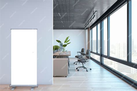 현대적인 콘크리트와 나무 사무실 인테리어 빈 ⁇ 모형 롤업 포스터 가구와 일광 창문 및 도시 전망 3d 렌더링 프리미엄 사진