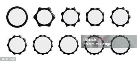 흰색 플레이트 3d 렌더링 세트가 있는 검은색 별 모양 스티커 둥근 태양 버스트 또는 별 모양 배지 모음 3차원 형태에 대한 스톡 사진 및 기타 이미지 Istock