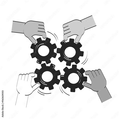 Collaborative Effort Teamwork Cogs Doodle Line Illustration Concept Problem Solving Four