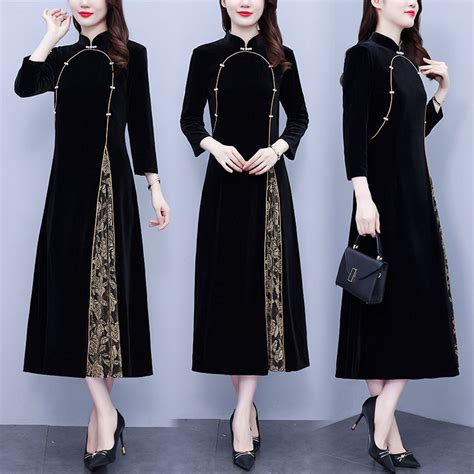 Plus Size Gold Lace Velvet Formal Long Sleeve Cheongsam Dress