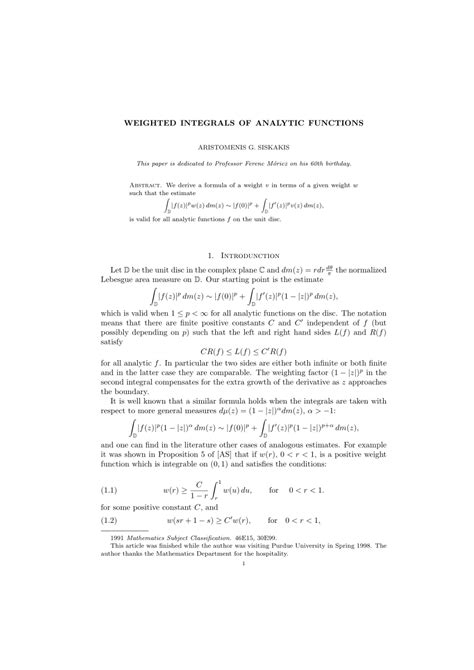 Pdf Weighted Integrals Of Analytic Functions