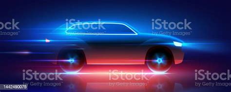 고속으로 돌진하는 파란색과 빨간색 빛나는 네온 불빛이 있는 빠르게 움직이는 Suv 자동차 벡터 일러스트레이션 교통수단에 대한 스톡 벡터 아트 및 기타 이미지 Istock
