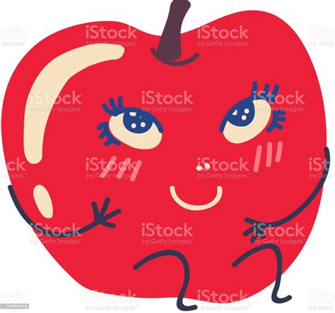 웃는 얼굴 달콤한 사랑 스러운 재미 있는 과일 만화 문자 벡터 일러스트 레이 션과 귀여운 빨간 사과 건강한 식생활에 대한 스톡 벡터 아트 및 기타 이미지 Istock
