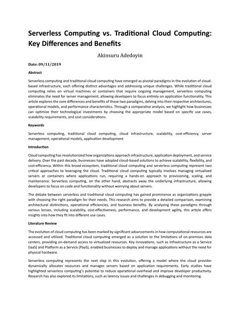Pdf Serverless Computing Vs Traditional Cloud Computing Key Differences And Benefits