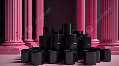 일련의 검은 오일 캔은 두 개의 분홍색 기둥 옆에 있습니다 3d는 기둥의 배경에 검정 기름통과 분홍색 휘발유 용기를 렌더링합니다 고화질 사진 사진 가솔린 배경 일러스트