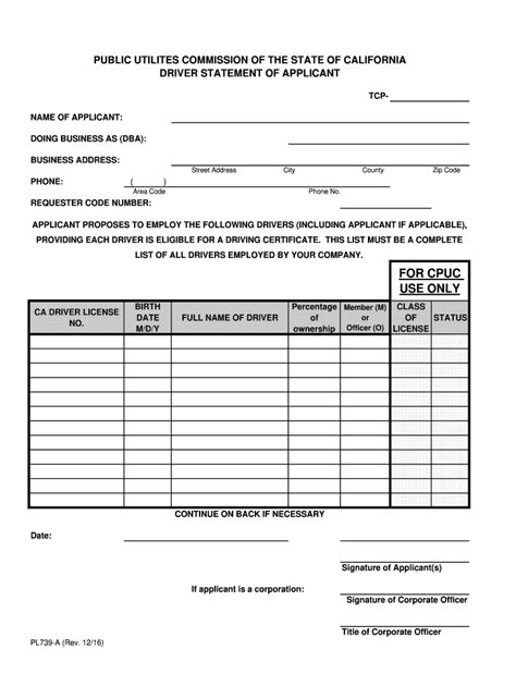 Pl739 A Driver Statement Of Applicant Rev121916 Xls Cpuc Ca Fill Out