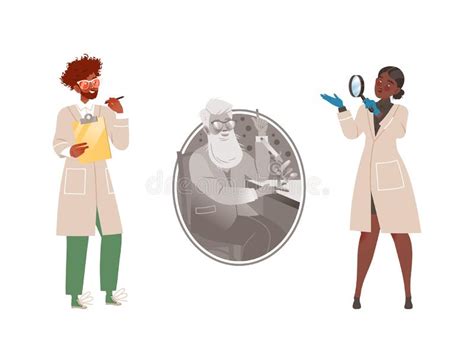Man And Woman Scientist Character Conducting Scientific Research Vector Illustration Set Stock