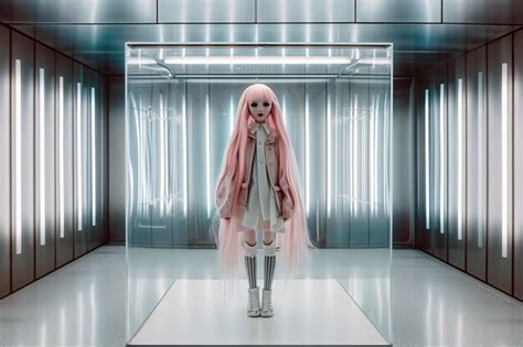 Premium Ai Image Futuristic Vision Cybernetic Pinkhaired Doll In A Modernistic Setting