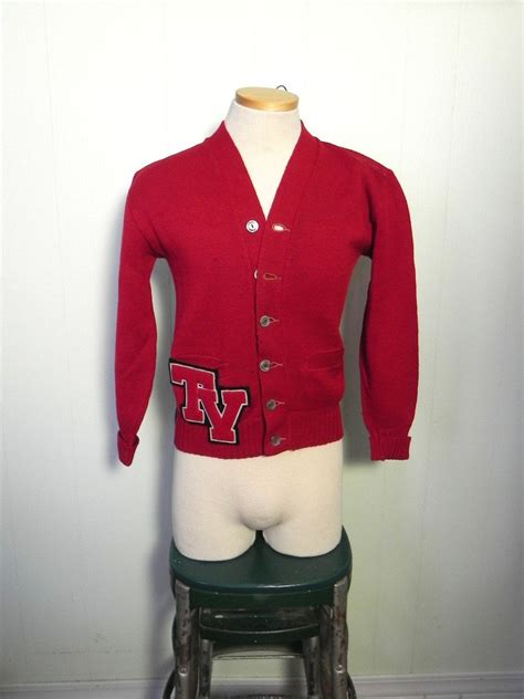 Vintage Mens 30s 40s Cardigan 1940s Sweater Dark Red Letterman
