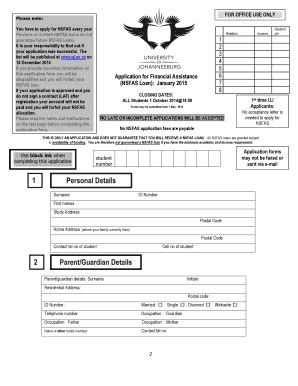 ZA University Of Johannesburg NSFAS Application For Financial Form Fill Online Printable
