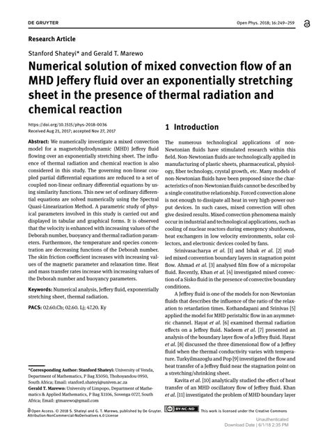 Pdf Numerical Solution Of Mixed Convection Flow Of An Mhd Jeffery Fluid Over An Exponentially