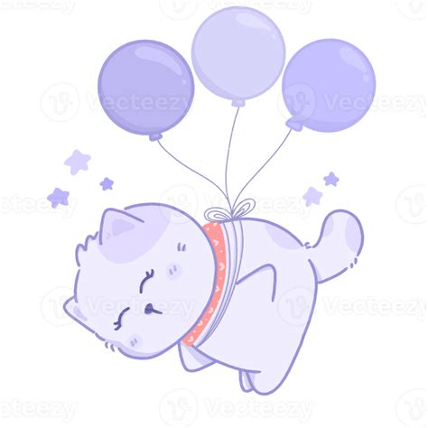 Cute Cat Cartoon Floating With Balloon Png Png