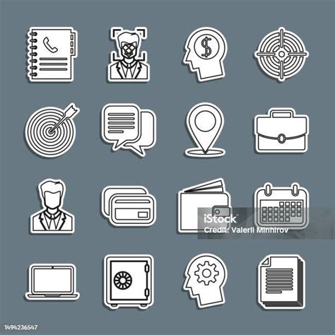 라인 문서 달력 서류 가방 사업가 계획 마인드 채팅 화살표가 있는 대상 전화번호부 및 지도 핀 아이콘을 설정합니다 벡터 가방에