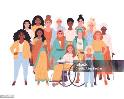 다른 인종 국적 연령 신체 유형의 여성 신체 장애가 있는 여성 세계 여성의 날 현대 사회에서 사람들의 사회적 다양성 플랫 스타일의 벡터 그림 여자에 대한 스톡 벡터 아트 및
