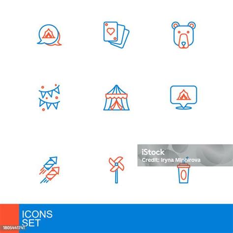 물 바람개비 장난감 불꽃 놀이 로켓 서커스 텐트 카니발 화환 깃발 곰 머리와 카드 놀이 아이콘과 종이 유리를 설정합니다 벡터 갈란드 장식품에 대한 스톡 벡터 아트 및 기타