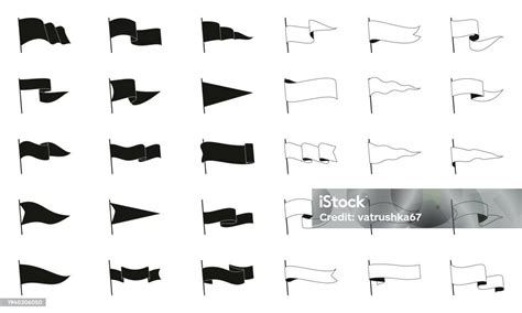 복고풍 블랙 페넌트 깃발 나이트 헤럴드 삼각형 물결 모양의 페넌트와 깃발을 캠핑 황야 및 여행 지도 장식으로 표시합니다 벡터 플랫 세트 검은색에 대한 스톡 벡터 아트 및