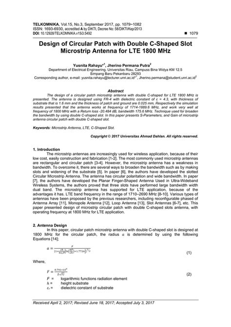 Design Of Circular Patch With Double C Shaped Slot Microstrip Antenna For Lte 1800 Mhz Pdf