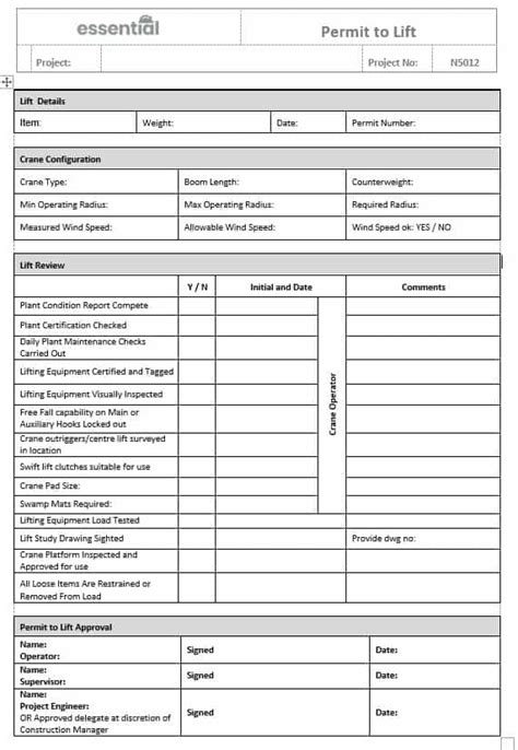 Work Permit Permit To Lift Construction Documents And Templates