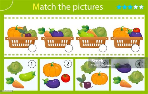 일치하는 게임 아이들을위한 교육 게임 아이들을위한 퍼즐 요소별로 일치합니다 야채 바구니 양배추 비트 뿌리 토마토 가지 호박 당근 호박 미취학 아동용 워크시트 호박 조롱박과