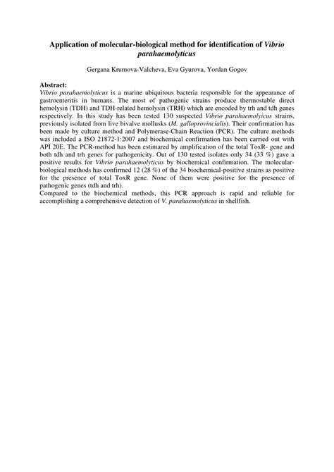 Pdf Application Of Molecular Biological Method For Identification Of Vibrio Parahaemolyticus
