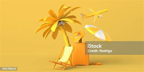 우산 여행 가방 해변 의자 플립 플롭 및 야자수가있는 여름 방학 개념 공간을 복사합니다 3d 그림 비행기에 대한 스톡 사진 및 기타 이미지 Istock