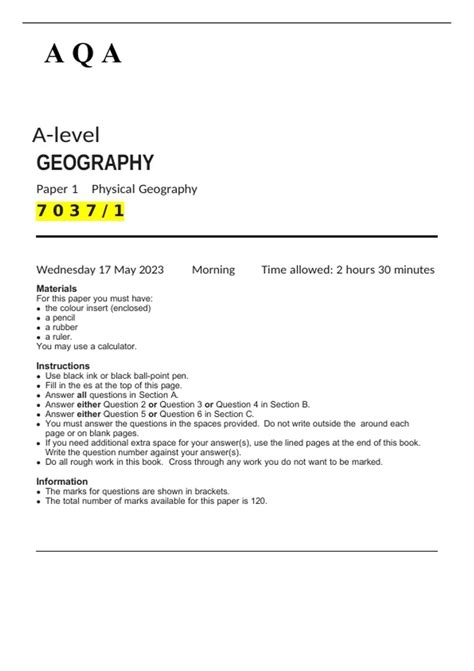 Aqa A Level Geography Paper 1 Question Paper June 2023 Aqa Geography Stuvia Us