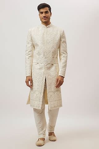 Ivory Silk Abstract Printed And Machine Embroidered Groom Sherwani Set By