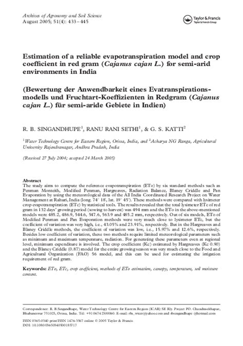 Pdf Estimation Of A Reliable Evapotranspiration Model And Crop Coefficient In Red Gram