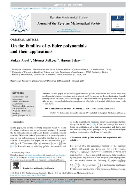 Pdf On The Families Of Q Euler Numbers And Polynomials And Their Applications Serkan Araci