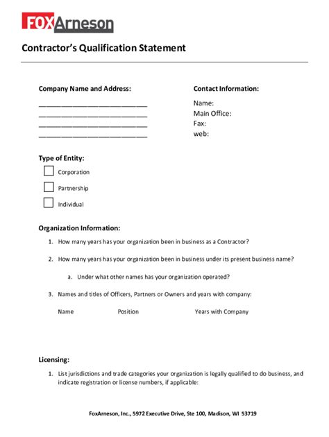 Fillable Online Contractors Qualification Statement Madison Fax