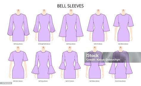 벨 소매 옷 긴 짧은 34 팔꿈치 길이 깔때기 기술 패션 일러스트 맞는 몸매 플랫 의류 템플릿 앞면 여성 남성 남녀 공용 Cad 모형 T 셔츠에 대한 스톡 벡터 아트 및
