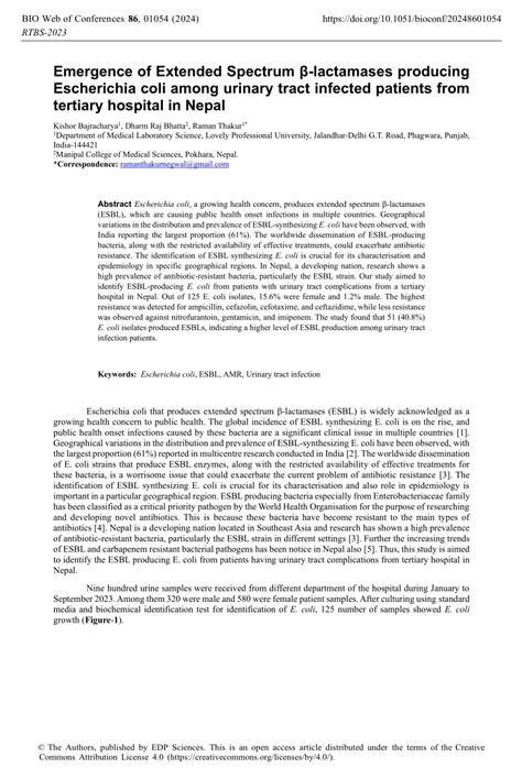 Pdf Emergence Of Extended Spectrum β Lactamases Producing Escherichia Coli Among Urinary Tract